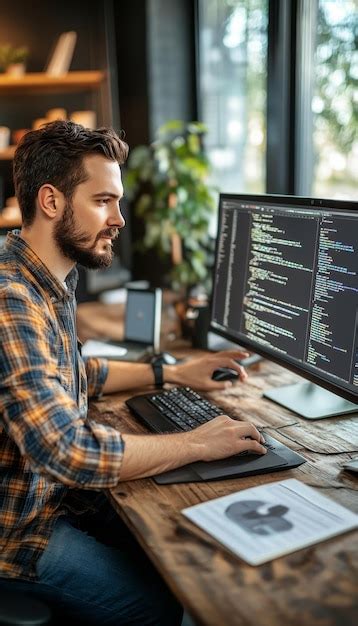 Focused Software Developer Working On Code At Desk Using Computer And Keyboard In Home Office