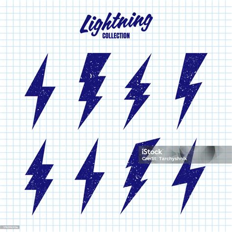 체크 무늬 종이 시트에 그런지 질감이 있는 손으로 그린 번개 아이콘 빈티지 플래시 심볼 벼락 간단한 번개 표시 벡터 그림 볼링 스트라이크에 대한 스톡 벡터 아트 및 기타