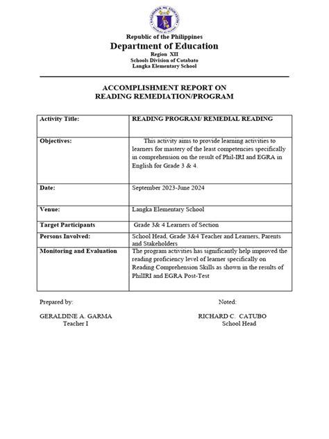 Accomplishment And Narrative Report Reading Program Pdf Reading Comprehension Learning