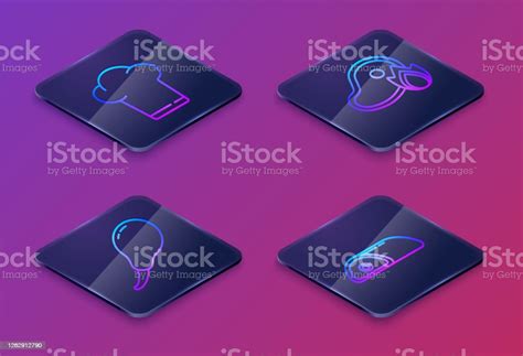 세트 이소메트릭 라인 요리사 모자 치킨 다리 구운 스테이크 고기와 불꽃과 고기 파란색 정사각형 버튼 벡터 3차원 형태에 대한