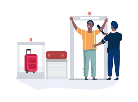 공항 보안 항공사 직원이 승객을 흔드는 스캐너를 확인하고 있습니다 컨베이어 Xray 기계와 게이트가 있는 검문소 출발