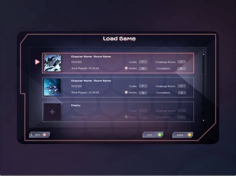 load save screen ui ux design for sci fi game by lynda mc donald on