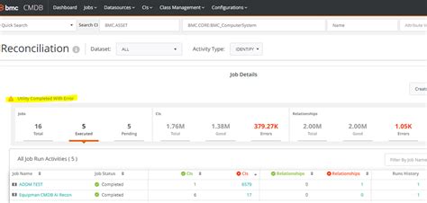 bmc atrium core cmdb utility completed with error on reconciliation jobs screen knowledge