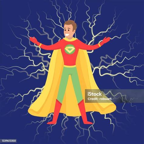 용감한 슈퍼 히어로 미소 초능력을 가지고 번개와 어두운 배경에 서 가공의 인물에 대한 스톡 벡터 아트 및 기타 이미지 가공의 인물 개념 권위 Istock