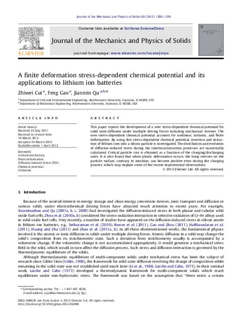 Pdf A Finite Deformation Stress Dependent Chemical Potential And Its