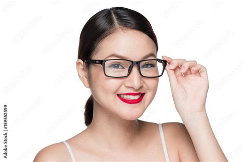 Beauty Asian Model Girl With Perfect Skin Wearing Glasses Isolated On