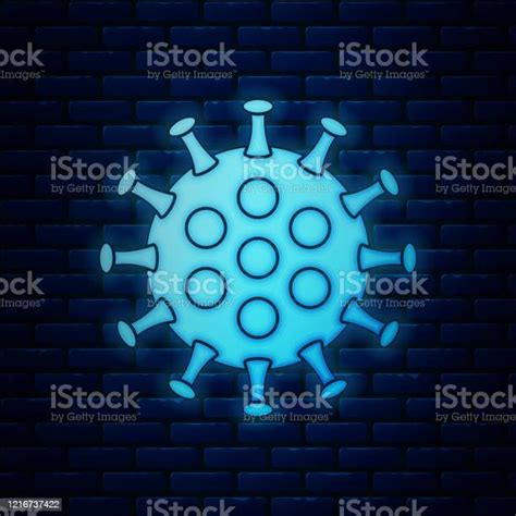 빛나는 네온 바이러스 아이콘 벽돌 벽 배경에 격리 코로나 바이러스 2019ncov 박테리아와 세균 세포암 미생물 곰팡이 벡터