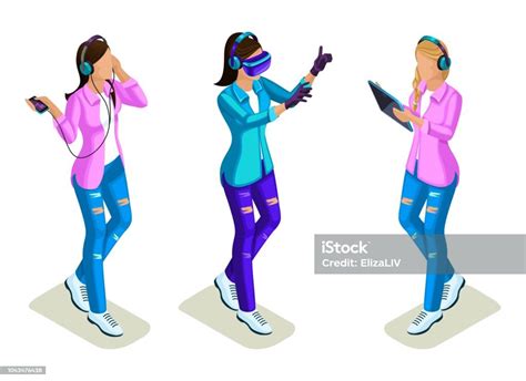 아이소메트릭 젊은이 청소년 멋진 여자 세대 Z 손 제스처를 사용 하 여 가스 가상 게임 소셜 네트워킹 고객 참여에 대한 스톡 벡터 아트 및 기타 이미지 Istock