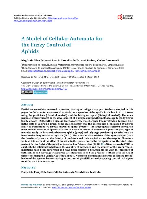 Pdf A Model Of Cellular Automata For The Fuzzy Control Of Aphids