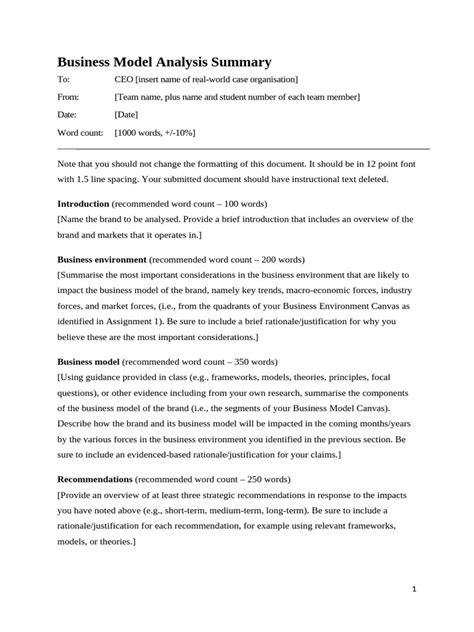 Business Model Analysis Summary Template Pdf Business Model Evidence