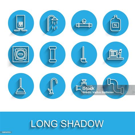 세트 라인 고무 플런저 수도꼭지 불타는 불이 있는 가스 보일러 산업 파이프 및 밸브 금속 전기 워터 펌프 및 걸레 아이콘 벡터 가사 집안일에 대한 스톡 벡터 아트 및 기타