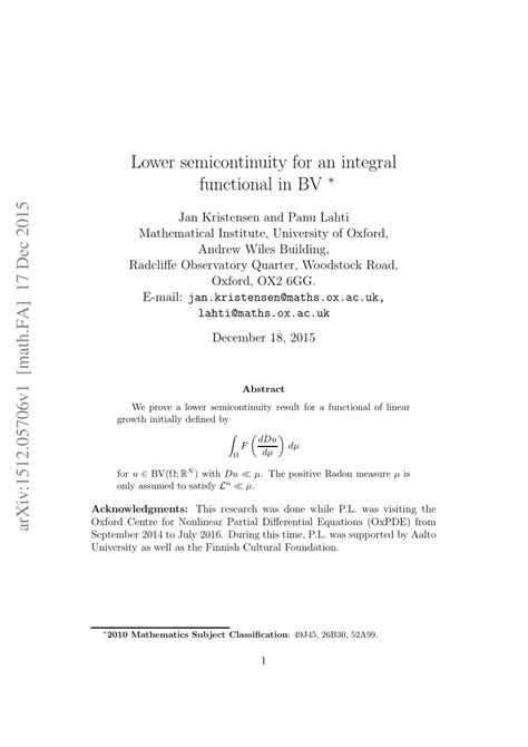 Pdf Lower Semicontinuity For An Integral Functional In Bv
