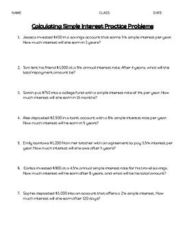 Calculating Simple Interest Practice Problems By The Good Sense TPT