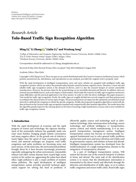 PDF Yolo Based Traffic Sign Recognition Algorithm