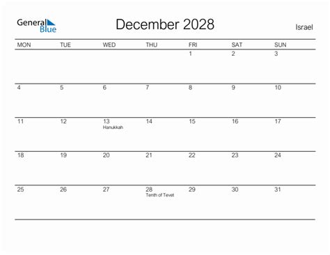 Printable December 2028 Monthly Calendar With Holidays For Israel