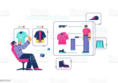 Vr 안경을 쓴 남자는 의자에 앉아 흰색 배경에 고립 된 평평한 벡터 일러스트 레이 션으로 옷을 선택합니다 대체 불가 토큰에 대한 스톡 벡터 아트 및 기타 이미지 Istock