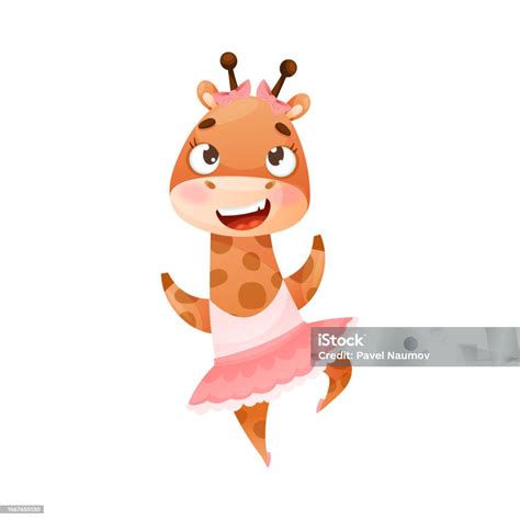 분홍색 치마와 머리에 활을 입고 발레를 춤추는 귀여운 기린 벡터 그림 Performing Arts Event에 대한 스톡 벡터 아트 및 기타 이미지 Performing