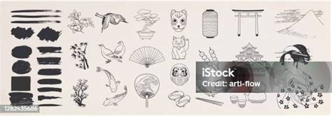 일본어 낙서 세트 일본의 전통 디자인 요소 손으로 그린 Vactor 일러스트레이션 일본에 대한 스톡 벡터 아트 및 기타 이미지 일본 일본 문화 선풍기 개인 장식품