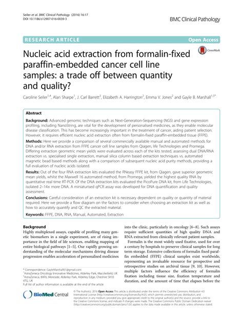 Pdf Nucleic Acid Extraction From Formalin Fixed Paraffin Embedded Cancer Cell Line Samples A