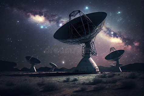 Astronomy Deep Space Radio Telescope Arrays At Night Pointing Into Space Stock Illustration