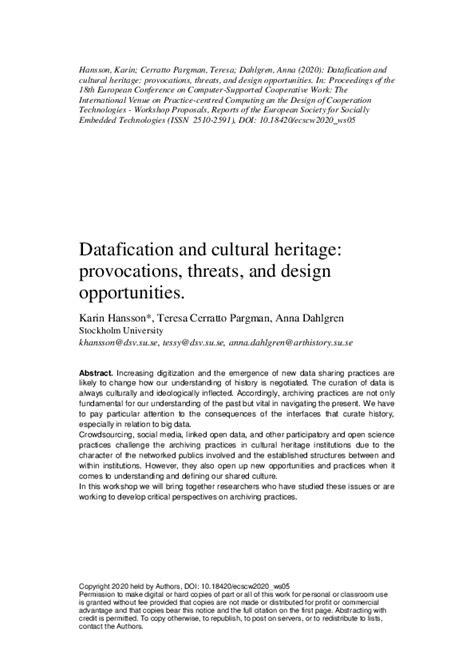 Pdf Datafication And Cultural Heritage Provocations Threats And Design Opportunities