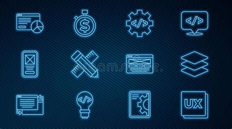 Set Line UI Or UX Design Layers Front End Development Crossed Ruler And Pencil Website