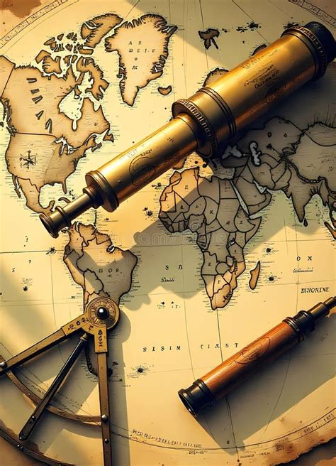 A Vintage Brass Telescope And Nautical Instruments On An Old World Map