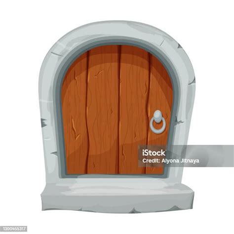 흰색 배경에 고립 된 만화 스타일의 나무 요정 중재 문 판타지 입구 돌 벽돌 테두리로 잠겨 단일 개체 Ui 게임 디자인 장식 문에 대한 스톡 벡터 아트 및 기타 이미지