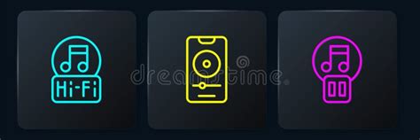 Set Line Music Note Tone Pause Button And Player Black Square Button Stock Vector