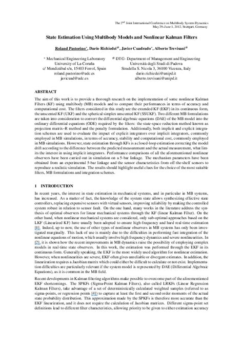 Pdf State Estimation Using Multibody Models And Non Linear Kalman Filters