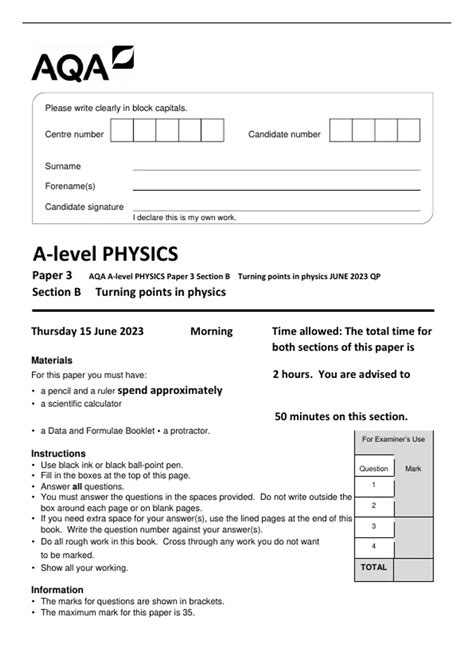Aqa A Level Physics Paper 3 Section B Turning Points In Physics June 2023 Qp Aqa Stuvia Uk