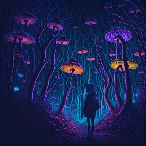 Premium Ai Image Girl Exploring Mushroom Forest