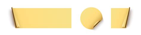 금색 컬링 가장자리가있는 황금색 접착 사각형 원 및 직사각형 스티커 3d 빈 종이 레이블 벡터 일러스트 레이 션 흰색 배경에
