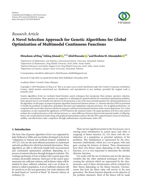 Pdf A Novel Selection Approach For Genetic Algorithms For Global Optimization Of Multimodal