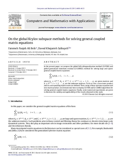 Pdf On The Global Krylov Subspace Methods For Solving General Coupled Matrix Equations