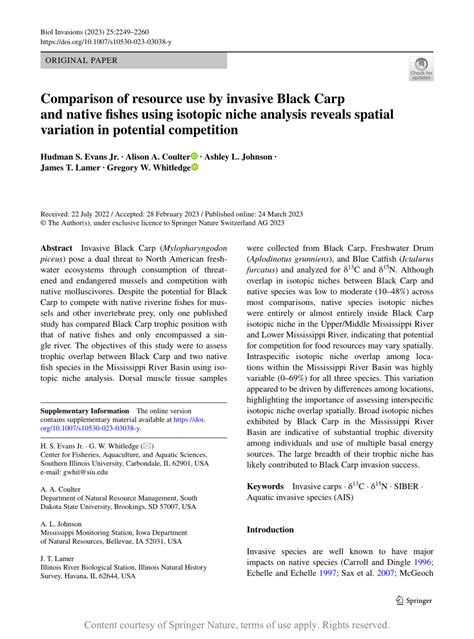 Comparison Of Resource Use By Invasive Black Carp And Native Fishes Comparison Of Resource Use By Invasive Black Carp And Native Fishes