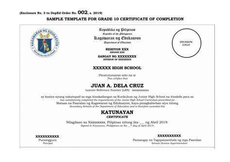 Sample Template For Grade 10 Certificate Of Completion The Deped