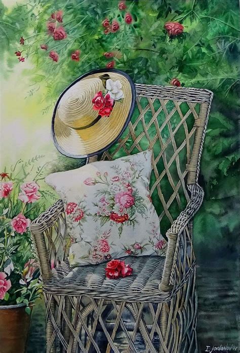 Картина с креслом шляпой и цветами