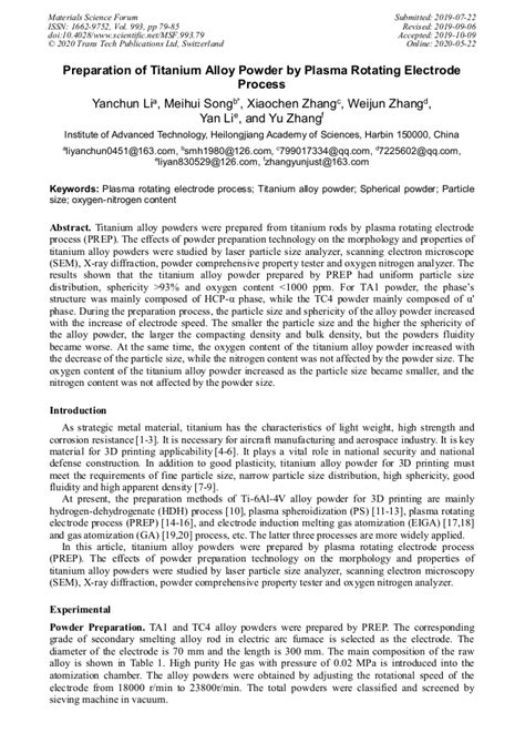 Preparation Of Titanium Alloy Powder By Plasma Rotating Electrode