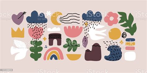 추상적 인 손으로 그린 낙서 개체와 다양한 유기 모양의 세트 미리 만들어진 포스터 또는 인쇄를 위한 현대적인 콜라주 현대 의 여러 가지 빛깔의 벡터 일러스트레이션 편집