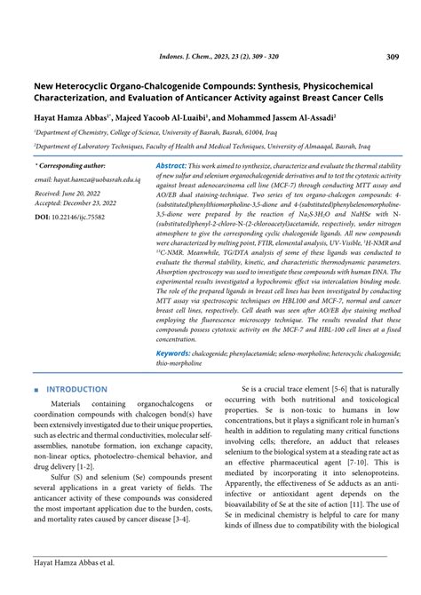 Pdf New Heterocyclic Organo Chalcogenide Compounds Synthesis Physicochemical