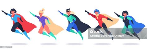 슈퍼 히어로 여성 원더 여성 캐릭터 슈퍼 히어로 흔들리는 망토 의상 강력한 여성 슈퍼 히어로 벡터 일러스트 세트에 슈퍼 소녀