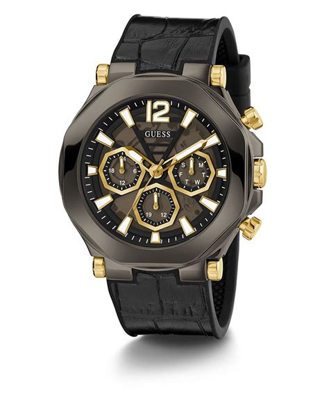 Guess Mens Multi Function Black And Gunmetal Genuine Leather And