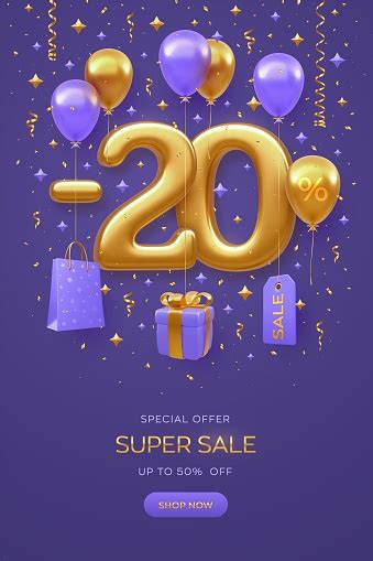20 할인 프로모션 보라색 배경에 판매 배너 디자인 쇼핑백 가격표 황금 활이있는 선물 상자 헬륨 풍선을 날리는 현실적인 금 3d 20 번호 벡터 일러스트레이션 20에 대한