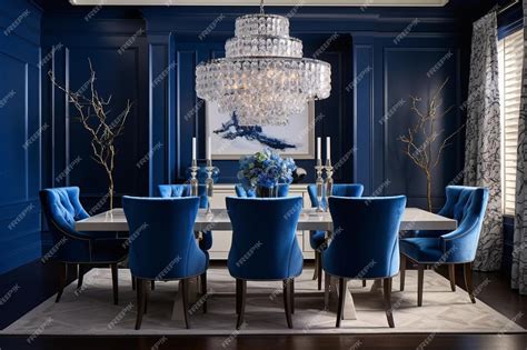 Premium Ai Image A Dining Room With A Blue Dining Table And Chairs