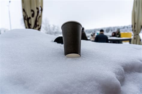 길거리 카페 옆의 눈 속에서 짚이 튀어나와 있는 커피 종이 컵 1잔 0명에 대한 스톡 사진 및 기타 이미지 0명 갈색 건강한 생활방식 Istock