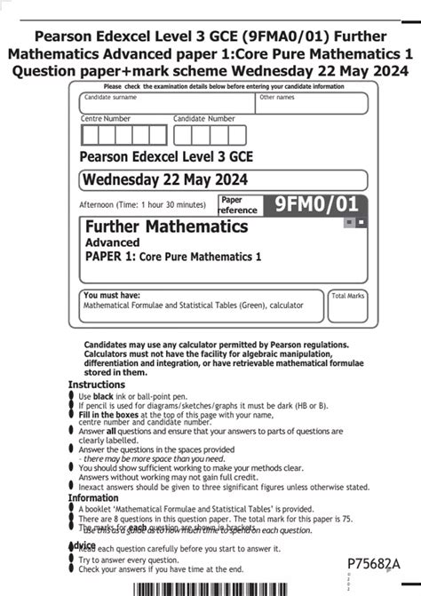 Pearson Edexcel Level 3 Gce 9fma001 Further Mathematics Advanced Paper 1core Pure