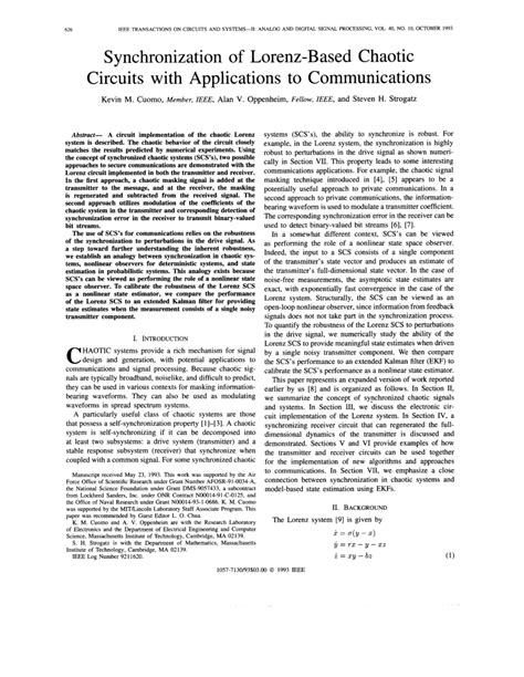 Pdf Synchronisation Of Lorenz Based Chaotic Circuit With Applications To Communications