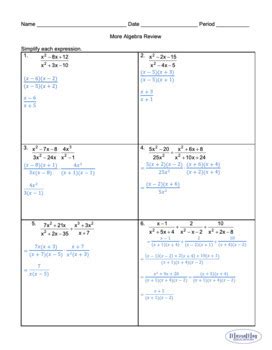 Precalculus Algebra Review Functions Unit MORE Algebra Review Worksheet