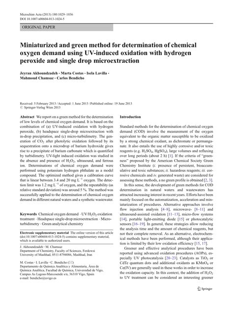 Pdf Miniaturized And Green Method For Determination Of Chemical Oxygen Demand Using Uv Induced